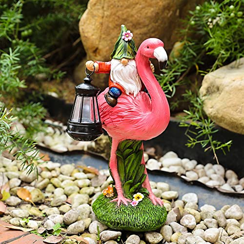 HIDNMSTAT Garden Funny Gnome Statues Collectible Figurines Flamingo Decorations Solar Lantern Outdoor Garden Home Decor for Patio Yard Lawn Porch Ornament Gnome Gifts (Flamingo)