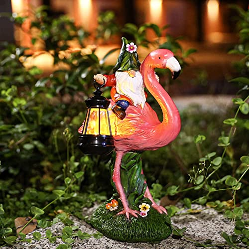 HIDNMSTAT Garden Funny Gnome Statues Collectible Figurines Flamingo Decorations Solar Lantern Outdoor Garden Home Decor for Patio Yard Lawn Porch Ornament Gnome Gifts (Flamingo)