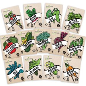 vegetable seeds for planting home garden – 13 variety seed packets – heirloom vegetables – bell pepper seeds, zucchini seeds, kale seeds, cucumber seeds, peas seeds & more – veggie garden starter kit