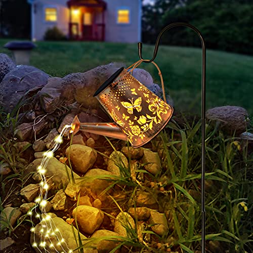 Solar Outdoor Lights-Solar Garden Lights, Upgraded Solar Watering Can with Twinkling Cascading String Lights & Shepherd Hook, Garden Decor Waterproof for Patio Lawn Yards Backyard Pathway Decoration