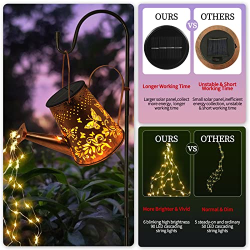 Solar Outdoor Lights-Solar Garden Lights, Upgraded Solar Watering Can with Twinkling Cascading String Lights & Shepherd Hook, Garden Decor Waterproof for Patio Lawn Yards Backyard Pathway Decoration