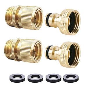 hqmpc garden hose quick connect solid brass quick connector garden hose fitting water hose connectors 3/4 inch ght (2sets)