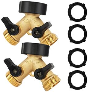 hourleey 2 pack brass garden hose splitter 2 way, 3/4 inch hose connector tap splitter, hose y splitter, hose spigot adapter 2 valves with 4 extra rubber washers