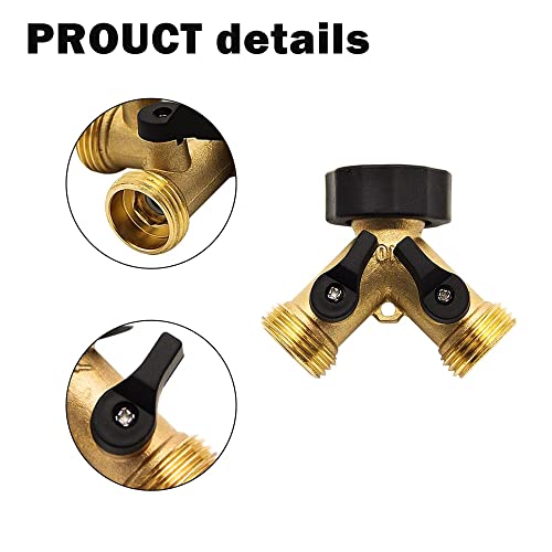 Hourleey 2 Pack Brass Garden Hose Splitter 2 Way, 3/4 Inch Hose Connector Tap Splitter, Hose Y Splitter, Hose Spigot Adapter 2 Valves with 4 Extra Rubber Washers