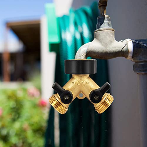 Hourleey 2 Pack Brass Garden Hose Splitter 2 Way, 3/4 Inch Hose Connector Tap Splitter, Hose Y Splitter, Hose Spigot Adapter 2 Valves with 4 Extra Rubber Washers