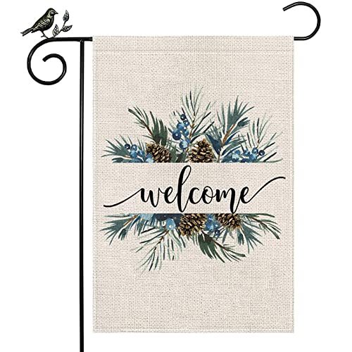 Dsben Welcome Winter Garden Flag 12x18 Inch Double Sided, Pine Twigs Rustic Farmhouse Decoration for Seasonal Christmas Wedding Yard Outdoor