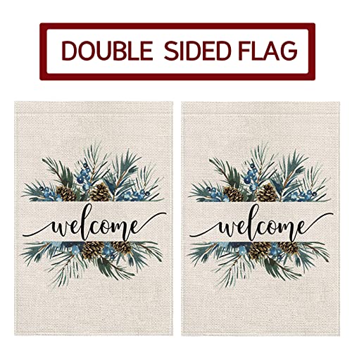 Dsben Welcome Winter Garden Flag 12x18 Inch Double Sided, Pine Twigs Rustic Farmhouse Decoration for Seasonal Christmas Wedding Yard Outdoor