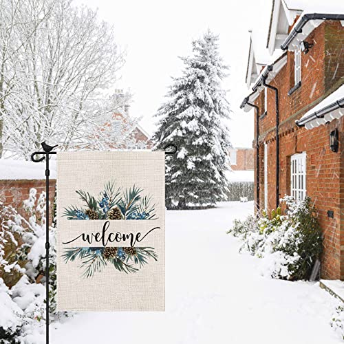 Dsben Welcome Winter Garden Flag 12x18 Inch Double Sided, Pine Twigs Rustic Farmhouse Decoration for Seasonal Christmas Wedding Yard Outdoor