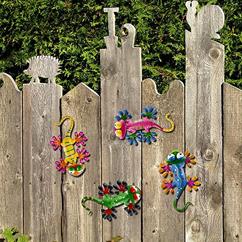 hogardeck Metal Gecko Outdoor Wall Decor, 4 Pack Lizard Wall Art Garden Sculptures & Statues with Shaking Head Outdoor Spring Decor for Front Yard Fence Patio