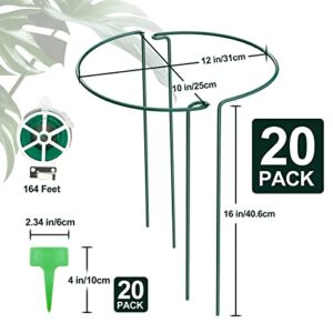 CKE 20 Pack 4mm Plant Support Stakes, Metal Peony Support, Garden Plant Cage Stake Support, Plant Support Ring, Green Half Round Plant Support Ring for Peony, Tomato, Rose, Vine Plant 10" W x 15.8" H