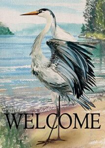 furiaz welcome spring summer seabird coastal beach small decorative garden flag, blue heron yard bird sea lake ocean home outside decoration, nautical tropical outdoor decor double sided 12×18