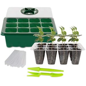 seed starter kit (10 pack) 12 cell (120 total) seedling plant germination tray for gardening, set with: garden dome lids, base seed trays for soil, planting hand tools, dibber, widger, & plant tags