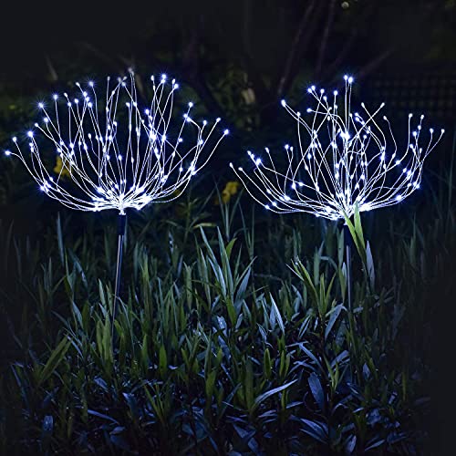 TiokMc Solar Firework Light, 120 LED Warm Light Outdoor Solar Garden Fireworks Lamp for Walkway Pathway Backyard Christmas Parties Decoration (White) (2 Pieces)