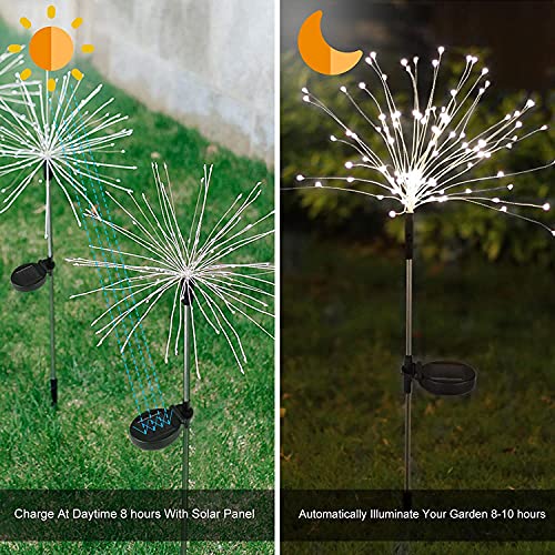 TiokMc Solar Firework Light, 120 LED Warm Light Outdoor Solar Garden Fireworks Lamp for Walkway Pathway Backyard Christmas Parties Decoration (White) (2 Pieces)