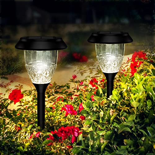 Lintem Solar Pathway Lights - 2 Pack Solar Lights Outdoor, Waterproof IP65 Solar Garden Lights, 20-50 LM Dimmable Warm White, Bright Up to 6-14 Hrs Solar Landscape Lights for Yard Walkway, Black