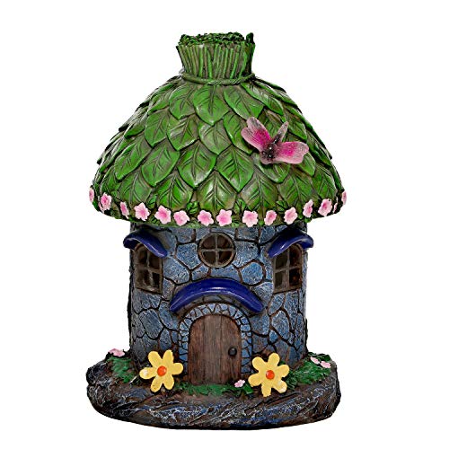 TERESA'S COLLECTIONS Dome Roof Fairy House Garden Statues with Solar Lights, Garden Ornaments Decor, Resin Outdoor Figurines for Patio Yard Porch Decorations, 7.8 Inch