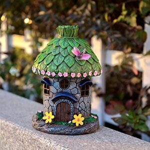 TERESA'S COLLECTIONS Dome Roof Fairy House Garden Statues with Solar Lights, Garden Ornaments Decor, Resin Outdoor Figurines for Patio Yard Porch Decorations, 7.8 Inch