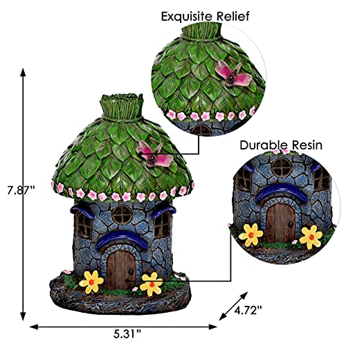 TERESA'S COLLECTIONS Dome Roof Fairy House Garden Statues with Solar Lights, Garden Ornaments Decor, Resin Outdoor Figurines for Patio Yard Porch Decorations, 7.8 Inch