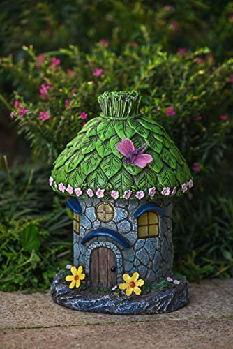 TERESA'S COLLECTIONS Dome Roof Fairy House Garden Statues with Solar Lights, Garden Ornaments Decor, Resin Outdoor Figurines for Patio Yard Porch Decorations, 7.8 Inch