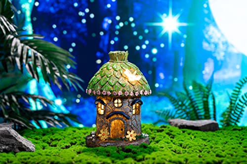 TERESA'S COLLECTIONS Dome Roof Fairy House Garden Statues with Solar Lights, Garden Ornaments Decor, Resin Outdoor Figurines for Patio Yard Porch Decorations, 7.8 Inch