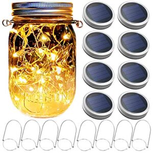 mason jar solar lantern lights, 8 pack 30 led bulbs fairy star firefly solar lids jar lights,8 hangers included(no jars),for patio garden mason jar lanterns table wedding decorations lights