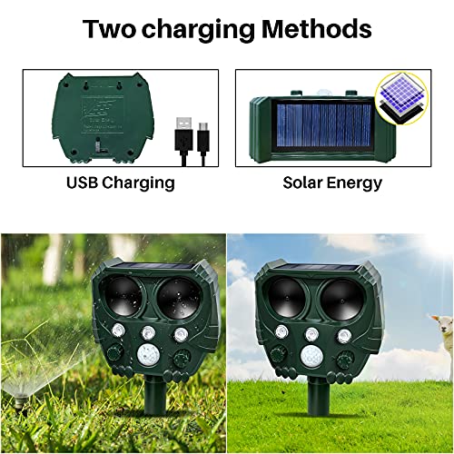 Ultrasonic Animal Repeller, Solar Animal Deterrent with Motion Sensor and Flashing Lights,Outdoor Waterproof Farm Garden Yard Repellent for Cat Rodent Squirrel Dog Rabbit Raccoon Skunk Fox Deer etc