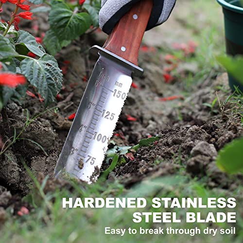 Topline Hori Hori Garden Knife, Double-edge Stainless Steel Blade, Garden Knife with Leather Sheath for Digging, Weeding, Planting, Hori Hori Knife with Sharpener, Sharpening Stone Included