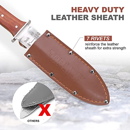 Topline Hori Hori Garden Knife, Double-edge Stainless Steel Blade, Garden Knife with Leather Sheath for Digging, Weeding, Planting, Hori Hori Knife with Sharpener, Sharpening Stone Included