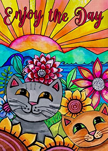 Furiaz Enjoy the Day Cats Sunflower Spring Summer Small Decorative Garden Flag, Sunshine Kitty Yard Abstract Sunrise Dahlia Flower Home Outside Decoration, Funny Outdoor Decor Double Sided 12x18