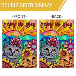 Furiaz Enjoy the Day Cats Sunflower Spring Summer Small Decorative Garden Flag, Sunshine Kitty Yard Abstract Sunrise Dahlia Flower Home Outside Decoration, Funny Outdoor Decor Double Sided 12x18