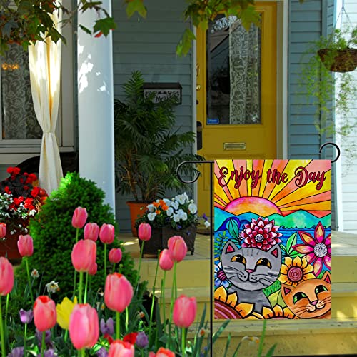 Furiaz Enjoy the Day Cats Sunflower Spring Summer Small Decorative Garden Flag, Sunshine Kitty Yard Abstract Sunrise Dahlia Flower Home Outside Decoration, Funny Outdoor Decor Double Sided 12x18