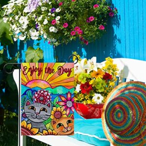 Furiaz Enjoy the Day Cats Sunflower Spring Summer Small Decorative Garden Flag, Sunshine Kitty Yard Abstract Sunrise Dahlia Flower Home Outside Decoration, Funny Outdoor Decor Double Sided 12x18