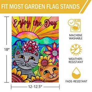 Furiaz Enjoy the Day Cats Sunflower Spring Summer Small Decorative Garden Flag, Sunshine Kitty Yard Abstract Sunrise Dahlia Flower Home Outside Decoration, Funny Outdoor Decor Double Sided 12x18