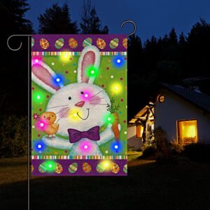 easter lighted garden flag 12×18 double sided easter garden flag with led lights vertical easter bunny rabbit yard flag for spring easter garden yard outdoor decorations