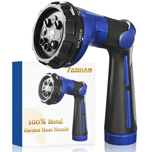 fanhao garden hose nozzle 100% heavy duty metal water hose sprayer with 8 spray patterns, high pressure spray nozzle with thumb control, on off valve for watering plants, washing cars & pets, blue