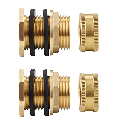 Wantmatch Brass Garden Hose Bulkhead Fitting with Plug,1/2" Female NPT 3/4" Male GHT Garden Hose Threaded,Brass Water Tank Connector 2 Pack