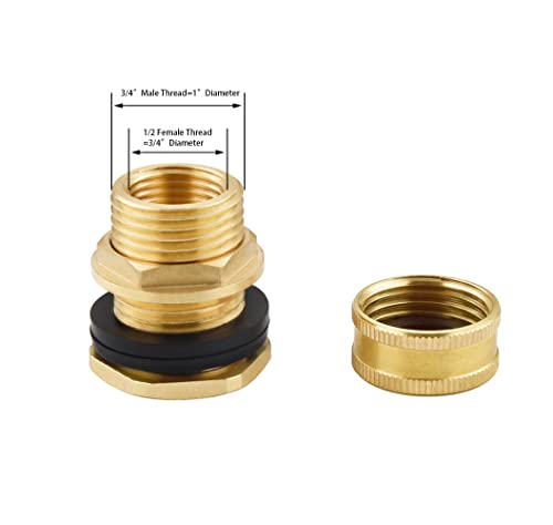 Wantmatch Brass Garden Hose Bulkhead Fitting with Plug,1/2" Female NPT 3/4" Male GHT Garden Hose Threaded,Brass Water Tank Connector 2 Pack