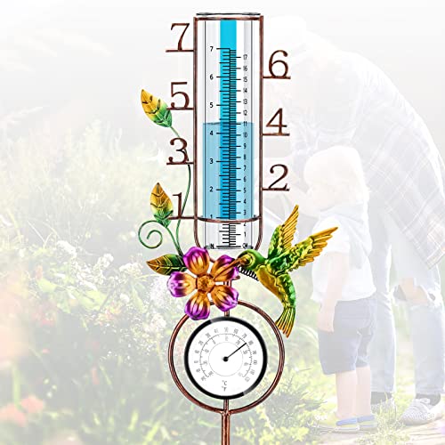 APSOONSELL Rain Gauge with Metal Stake, Large Number Rain Gauges Outdoor for Garden Decor, 7" Rain Gauge Glass Tube with Thermometer, Hummingbird