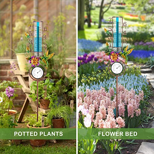 APSOONSELL Rain Gauge with Metal Stake, Large Number Rain Gauges Outdoor for Garden Decor, 7" Rain Gauge Glass Tube with Thermometer, Hummingbird