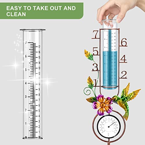 APSOONSELL Rain Gauge with Metal Stake, Large Number Rain Gauges Outdoor for Garden Decor, 7" Rain Gauge Glass Tube with Thermometer, Hummingbird