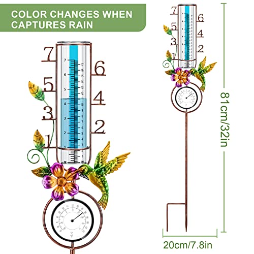 APSOONSELL Rain Gauge with Metal Stake, Large Number Rain Gauges Outdoor for Garden Decor, 7" Rain Gauge Glass Tube with Thermometer, Hummingbird