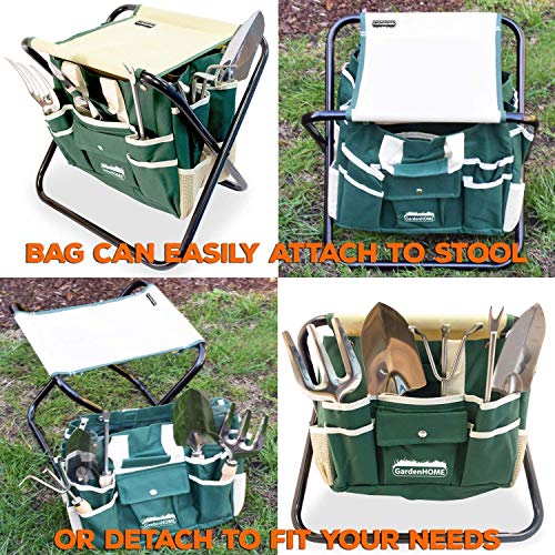 GardenHOME Garden Tool Set, Stainless Steel 7 Piece Tool Set, Heavy Duty Folding Stool, Detachable Canvas Tote Bag, Gardening Tool Kit Organizer