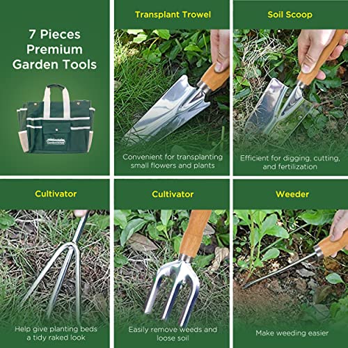 GardenHOME Garden Tool Set, Stainless Steel 7 Piece Tool Set, Heavy Duty Folding Stool, Detachable Canvas Tote Bag, Gardening Tool Kit Organizer