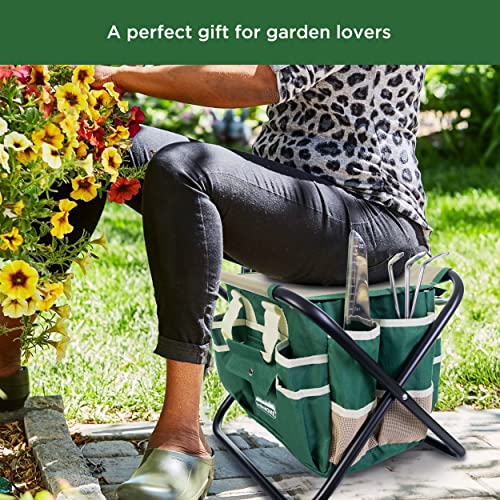 GardenHOME Garden Tool Set, Stainless Steel 7 Piece Tool Set, Heavy Duty Folding Stool, Detachable Canvas Tote Bag, Gardening Tool Kit Organizer