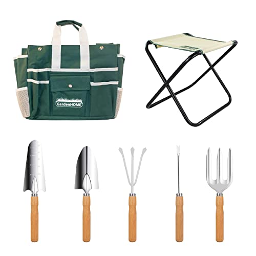 GardenHOME Garden Tool Set, Stainless Steel 7 Piece Tool Set, Heavy Duty Folding Stool, Detachable Canvas Tote Bag, Gardening Tool Kit Organizer