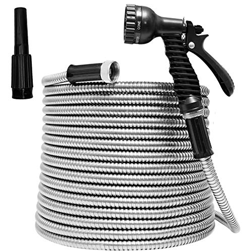 TUNHUI 50FT Heavy Duty Flexible Metal Garden Hose Stainless Steel Water Hose with 2 Free Nozzles Metal Hose Flexible Durable Kink Free and Easy to Store Outdoor Hose