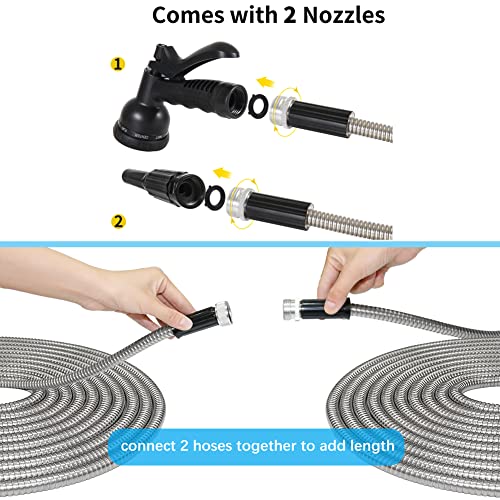 TUNHUI 50FT Heavy Duty Flexible Metal Garden Hose Stainless Steel Water Hose with 2 Free Nozzles Metal Hose Flexible Durable Kink Free and Easy to Store Outdoor Hose