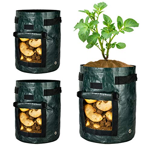 iPower 3-Pack 10-Gallon Potato Grow Bags Garden Waterproof Reusable Vegetable Plant Pots Container with Handle, Access Flap and Large Harvest Window, 10 Gallon, for Tomato, Carrot, Fruits