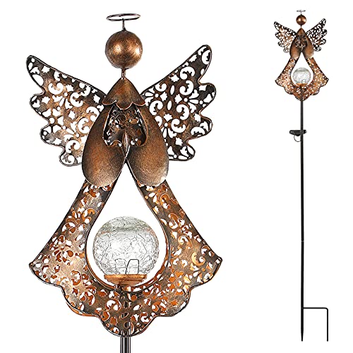 Starryfill Solar Garden Stake Lights Outdoor Bronze Angel Crackle Glass Globe Stake Metal Lights Waterproof Warm White LED for Garden Lawn Patio or Courtyard