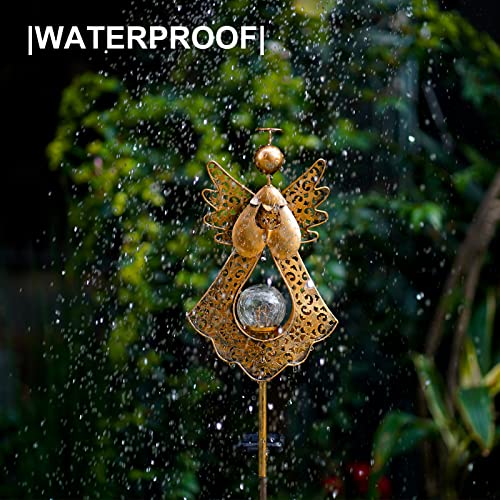 Starryfill Solar Garden Stake Lights Outdoor Bronze Angel Crackle Glass Globe Stake Metal Lights Waterproof Warm White LED for Garden Lawn Patio or Courtyard